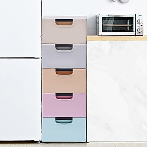 WOQLIBE Dresser Drawer Organizers,Plastic Dresser with 5 Drawers, Tall Storage Cabinet with Wheel, Dresser Drawer Organizers for Clothing/Bedroom/Playing Room,16x12x33 in(Light Elegant)