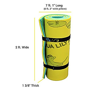 Aqua Lily Pad Tadpole Floating Pool Mat (Single Adult Foam Mattress Lounger) 7'1" x 2' Water Float Includes Pillow Straps & Storage Bag, Green/Yellow, Made in USA