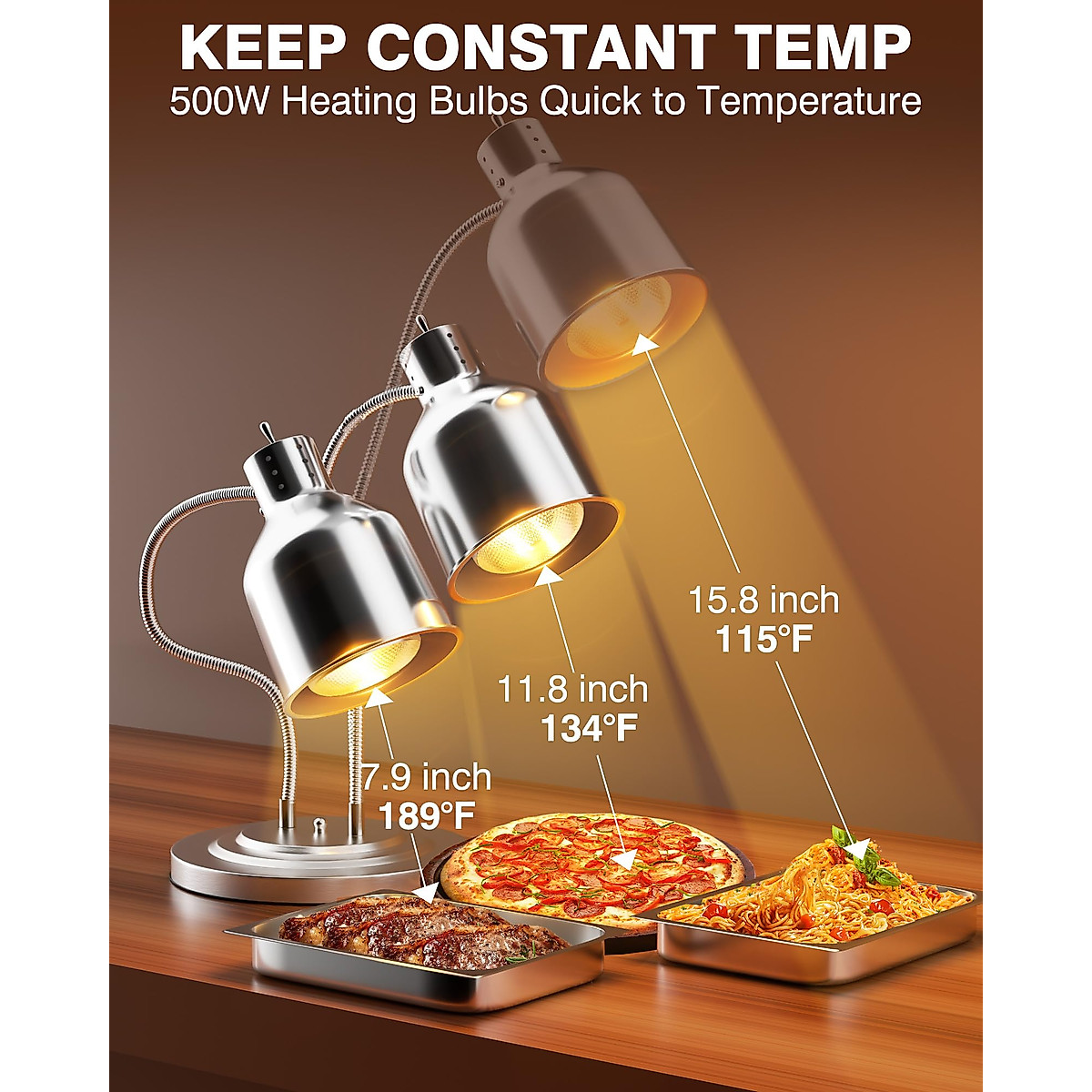 PYY Food Heat Lamp, Commercial Food Warmer, 2-Head Food Warming Light, 500W Portable Electric Heating Lamp, Stainless Steel Catering Food Warming Lamp for Restaurant Kitchen Cafeteria