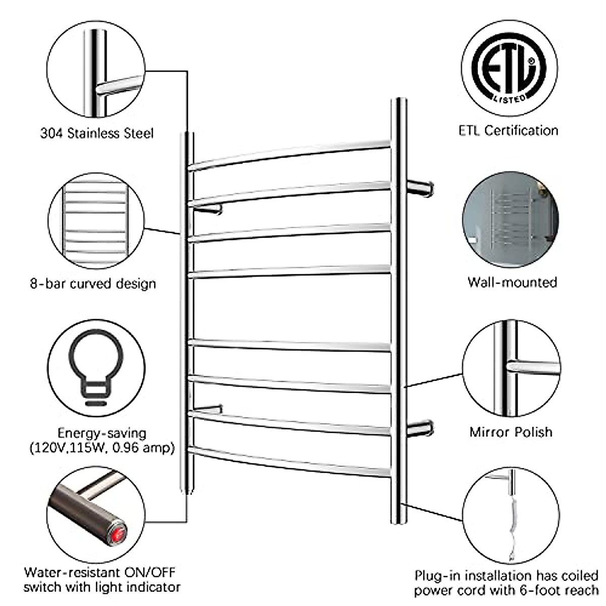 HEATGENE Towel Warmer 8 Bar Plug-in Curved Bath Towel Heater Towel Warmer for Bathroom Plug-in Drying Rack Mirror Polish