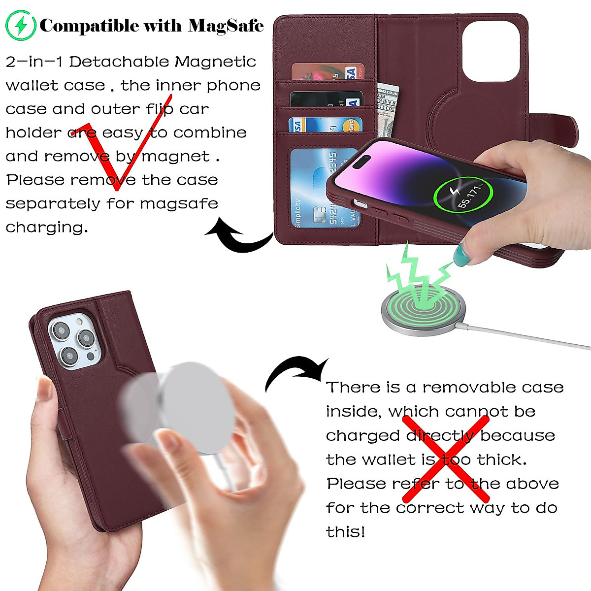 Ｈａｖａｙａ for iPhone 14 pro max Phone case Wallet for Women iPhone 14 pro max Wallet case Magsafe Compatible with Card Holder flip Folio Detachable Magnetic Leather Phone Cover-Wine Red