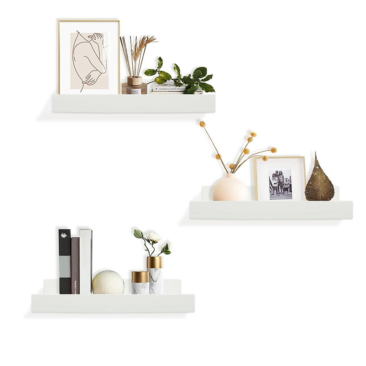 Floating Shelves for Wall Storage with Lip, 10.5" Picture Ledge Shelf Set of 3, White Acrylic Floating Shelf for Wall, Floating Wall Shelves for Kitchen, Bedroom, Bathroom Storage, Wall Home Decor