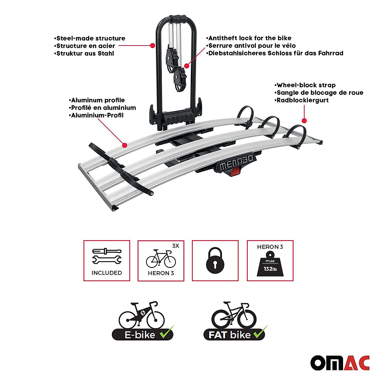OMAC Auto Accessories Foldable Bike Rack Hitch Mounted | 3 Bicycle Carrier Racks Aadjustable Hitches Suitable for Electric Bikes and Fat Bikes