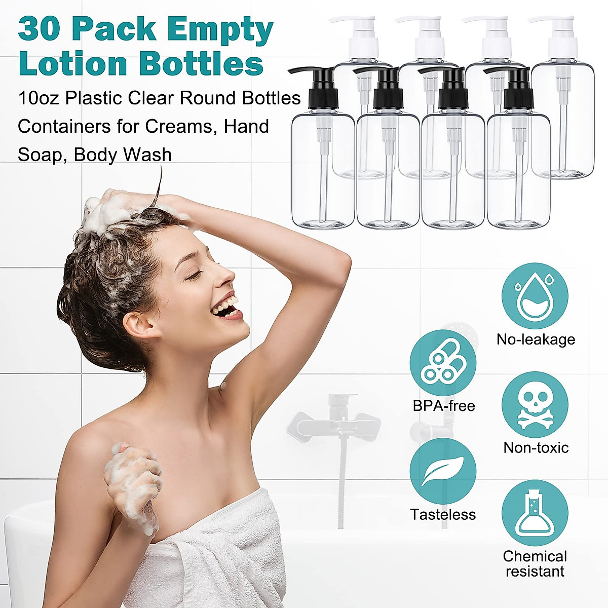 30 Pcs 10 oz Plastic Pump Bottle Dispenser Empty Lotion Bottle with Pump Refillable Clear Hand Soap Dispenser Portable Travel Lotion Container for Body Wash Liquid Soap Shampoo Essential Oil, 2 Colors