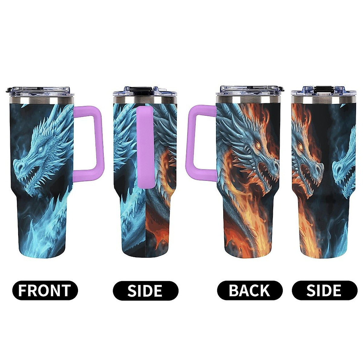 LLUTSNTH 40 Oz Vacuum Tumbler with Violet Handle Leakproof Insulated Tumbler Ice And Fire Dragons Stainless Steel Travel Mug with Lid And Straw Coffee Cup Cute Water Bottles Cup Holder Friendly