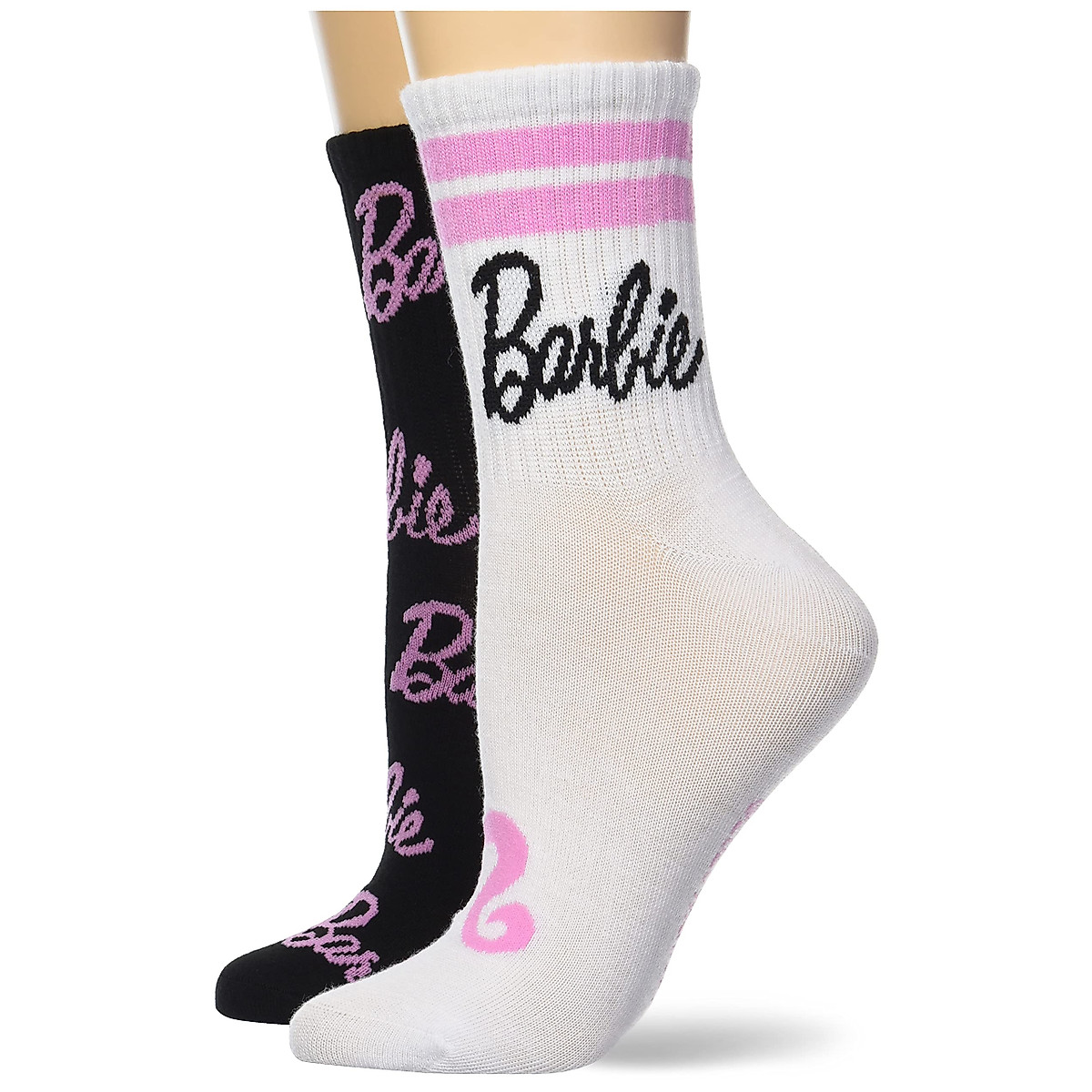 Barbie Womens 2 Pack Mid Crew Casual Sock, White Black Multi, 9-11 US