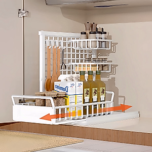 Ozzptuu Under Sink Organizers and Storage, Organizer Kitchen Bathroom Storage with Sliding Drawer 2 Metal Baskets 4 Hooks for Home Kitchen, New White-1 (ASDF1881)