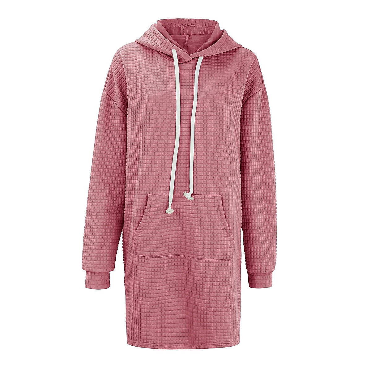 ZYXTIM Women Waffle Knit Sweatshirt Dress Plus Size Loose Fall Long Sleeve Hoodies Drwastring Pullover with Kangaroo Pocket Pink