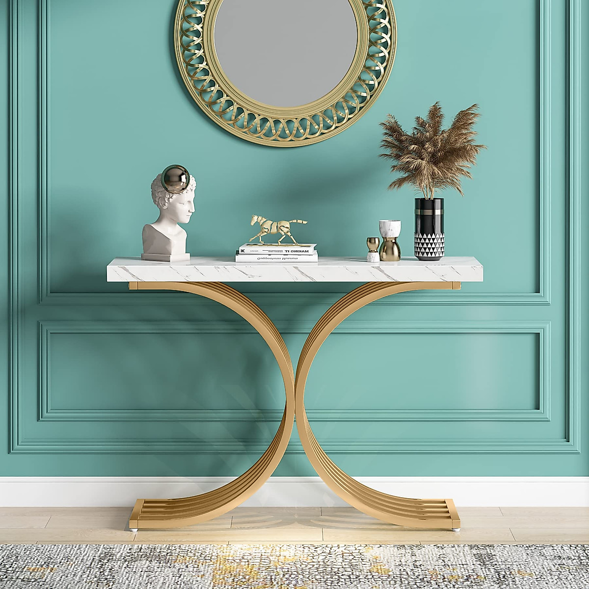 Tribesigns Entryway Console Table with Gold Metal Base, 39-inch Modern Foyer Entry Tables, Narrow Sofa Accent Table with White Faux Marble Top for Entrance, Hallway, Living Room