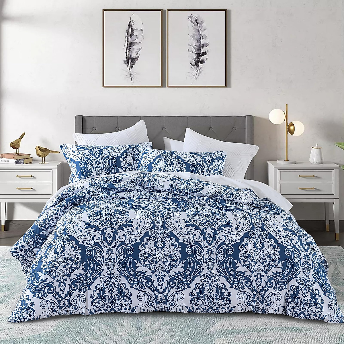Quilta Navy Duvet Cover Queen - 100% Cotton Queen Duvet Cover Set Damask Duvet Cover 3pcs Soft & Lightweight with Zipper Closure & 8Ties for All Seasons 90 x 90 (No Comforter)