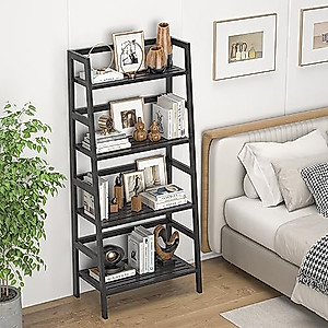 Homykic 4-Tier Black Bookshelf Ladder Shelf, Bamboo 49.2” Open Book Shelf Bookcase Ladder Shelves Freestanding Bathroom Storage Shelf Unit Plant Stand for Living Room, Bedroom, Office, Easy Assembly