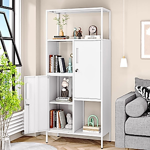 AFAIF Bookshelf with Doors, 71" H Tall Bookcase with Storage Shelves and Lock, Modern Open Shelf Bookcase, White Metal Bookcases with Storage Cabinet for Home Office, Bedroom, Living Room