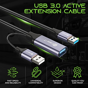 GearIT USB 3.0 Active Extension Cable (30 Feet) A-Male to A-Female USB Repeater with Signal Booster for Oculus Rift, Quest Link, Xbox 360 Kinect, PlayStation, Printer, Webcam - 30ft
