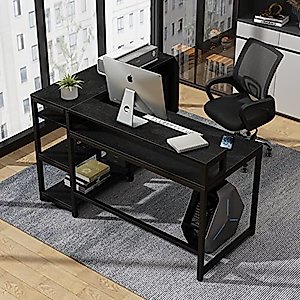 Loomie Reversible L Shaped Computer Desk with Drawer, 55" W x 41" D Industrial Corner Computer Desk with 4 Tier Storage Shelves & Monitor Stand and Storage Bag, Study Table for Home Office, Black