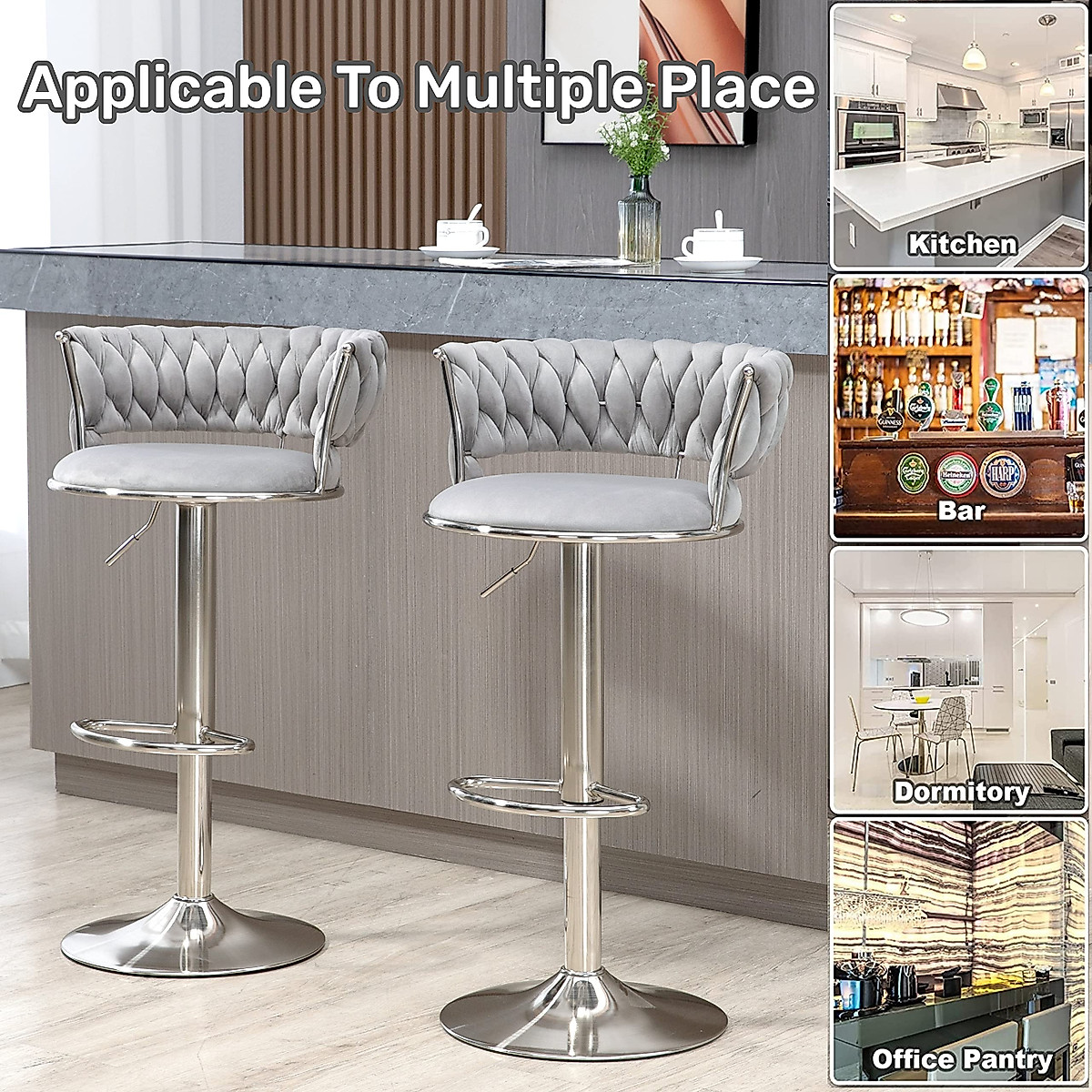 Keainvren Velvet Wave Hollow Barstools Set of 2, Modern Adjustable Swivel Bar Height Chairs Counter Stools with Back for Home Bar Kitchen Island Dining Rooms