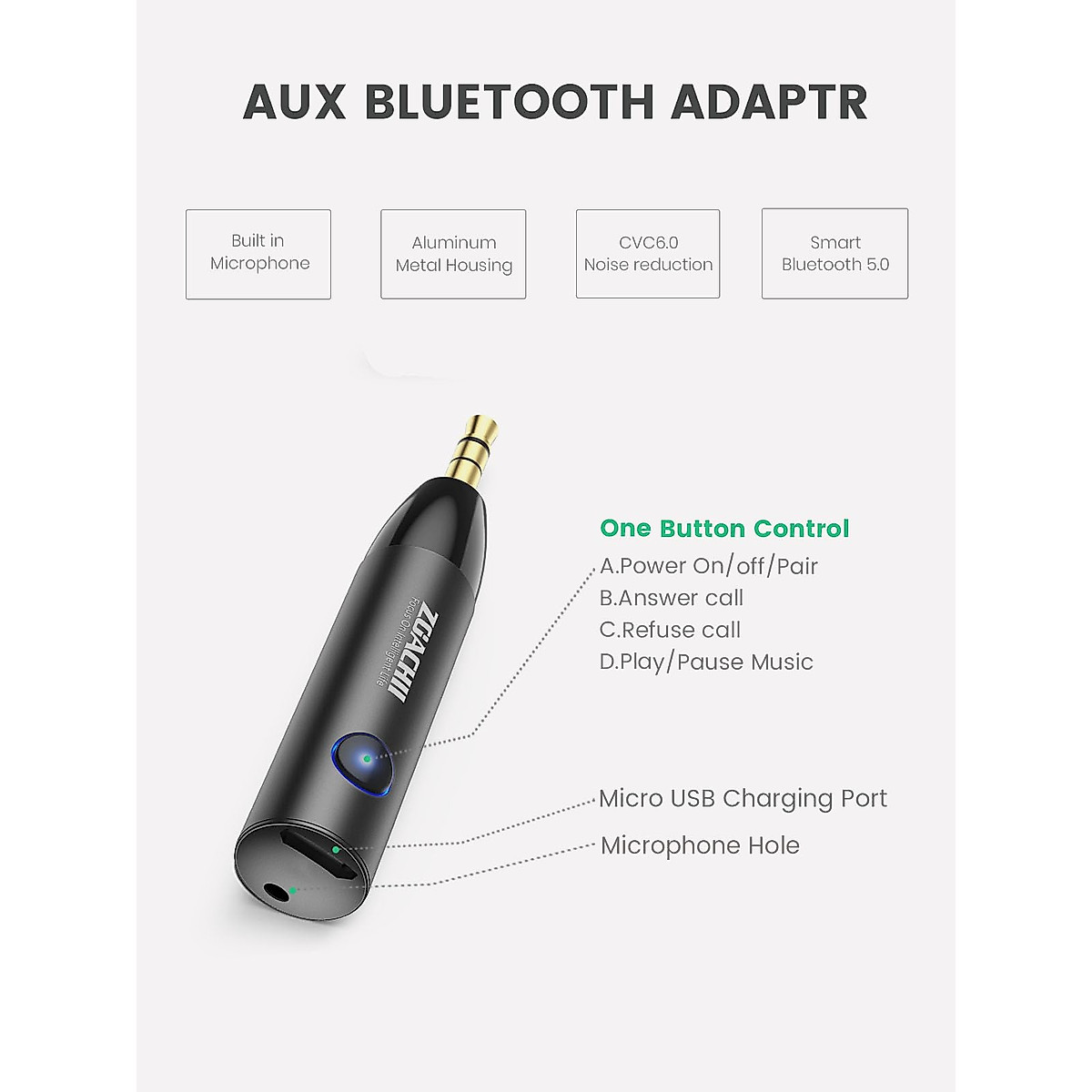 ZOACHII Bluetooth Aux Adapter for Car, Wireless Bluetooth 5.0 Audio Receiver with 3.5mm Jack for Vehicle Truck Home Stereo Speaker Headphone Music Streaming, Handsfree Calling, [1 Piece]