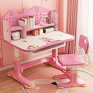 tulkdexi Kids Functional Desk and Chair Set, Study Desk for Children with Chair, Kids Desk and Chair Set,Height Adjustable Children School Study Desk with Storage Drawer for Boys Girls(Pink) Pink