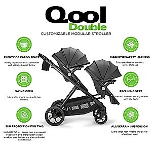 Joovy Qool Double Bundle Double Stroller with Reconfigurable Seats, Magnetic Safety Harness with Padding, UPF 50 Sun Canopy, and Large Storage Basket, Jet