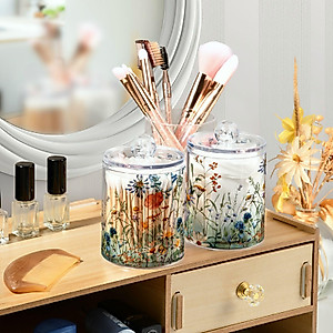 senya Clear Plastic Jars Cotton Swabs Cans, Wildflowers Butterflies Botanical Bathroom Canisters Storage Organizer with Lids 2PCs Set for Cotton Ball, Cotton Swab, flossers, Hair Bands