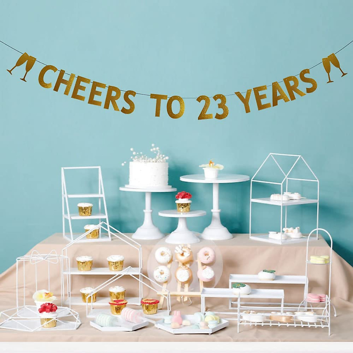 Betteryanzi Gold Cheers to 24 Years Banner,Pre-strung,24th Birthday / Wedding Anniversary Party Decorations Supplies,Gold Glitter Paper Garlands Backdrops,Letters Gold CHEERS TO 24 YEARS