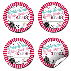 Lights Camera Action Movie Star Themed Valentine Party Favor Sticker Labels, 40 2" Party Circle Stickers by Amanda Creation, Great for Classroom Valentines, Envelope Seals, Gifts & Treats