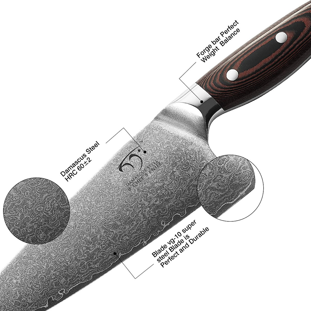 Damascus Chef Knife, 8 Inch Professional Damascus Kitchen Knife Forged with VG10 Super Steel 67-Layer, Non-slip Ergonomic Micarta Handle, Razor Sharp Lightweight Multipurpose Full Tang Gift Box