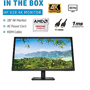HP New Premium v28 4K Monitor: 28" UHD 3840 x 2160 (4K) TN Slim-Edge Display, AMD FreeSync Tech, Height/Tilt Adjustment, HDMI, DisplayPort, 1ms Response time, 16:9 Aspect Ratio, 60Hz, TF HDMI Cable