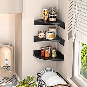 Fun Memories Corner Shelf Wall Mount, Wood Floating Corner Shelves, Corner Wall Shelf for Bedroom, Bathroom, Kitchen, Living Room (Black, 3 Pack)