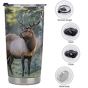 FHENMSA Reusable Plastic Water Cups with Lids,Fall Moose Deer Print Anti-overflow Cup,sports Travel Coffee Cup