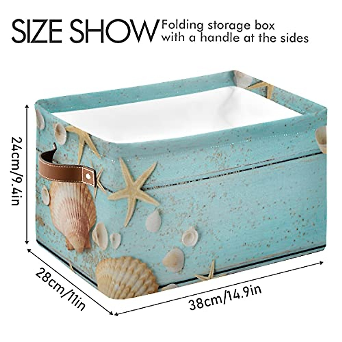 Canvas Storage Basket Beach Board Seashell Starfish Storage Bins Collapsible Organizer with Handles for Cupboards Shelves Nursery Wardrobe Clothes Toys Laundry Children Room