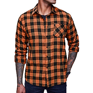 COOFANDY Men's Flannel Plaid Shirt Casual Long Sleeve Checkered Shirt Fall Overshirt A - Orange