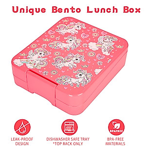 Bento Lunch Box Set for Kids with 10oz Soup Thermo, Leak-Proof Lunch Containers with 4 Compartment, Kids Thermo Hot Food Jar and Insulated Lunch Bag for Kid to School,BPA-Free(Pink-Horse)