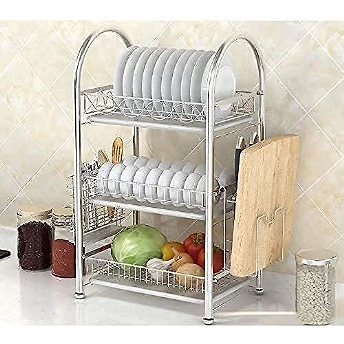 Plate Rack Dish Drainer Rack Drainer Holder Organization Shelf Kitchen Stainless Steel Utensil Chopping Board Holder with Drain Pan Plate Holder (Color : Silver, Size : 3-Tier)