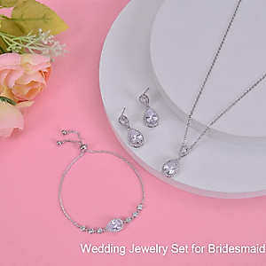 DHQH 4PCS Wedding Jewelry for Bridesmaid Cubic Zirconia Teardrop Necklace Earrings Bracelet Ring Set Bridesmaid Jewelry Set for Women Party Jewelry Gift