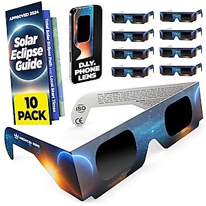 Medical king Solar Eclipse Glasses Approved 2024, (10 pack) CE and ISO Certified Safe Shades for Direct Sun Viewing Includes Bonus Eclipse Guide With Map