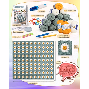 Coopay Crochet Kit Beginners for Blanket, Granny Squares Crochet Blanket Kit with Instructions & Enough Yarn, Complete Crochet Starter Kit Easy Learn to Crochet Blanket Kit for Beginners Adults