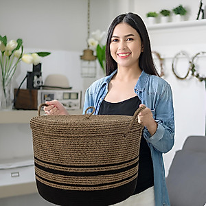 ORGMASTER Laundry Basket with Lid, Woven Cotton Rope Laundry Hamper Foldable Storage Organizer Bin Blanket Basket for Comforter, Cushions, Clothes, Pillows, 20.5x20.5x15 Inch, Deep Brown/Black