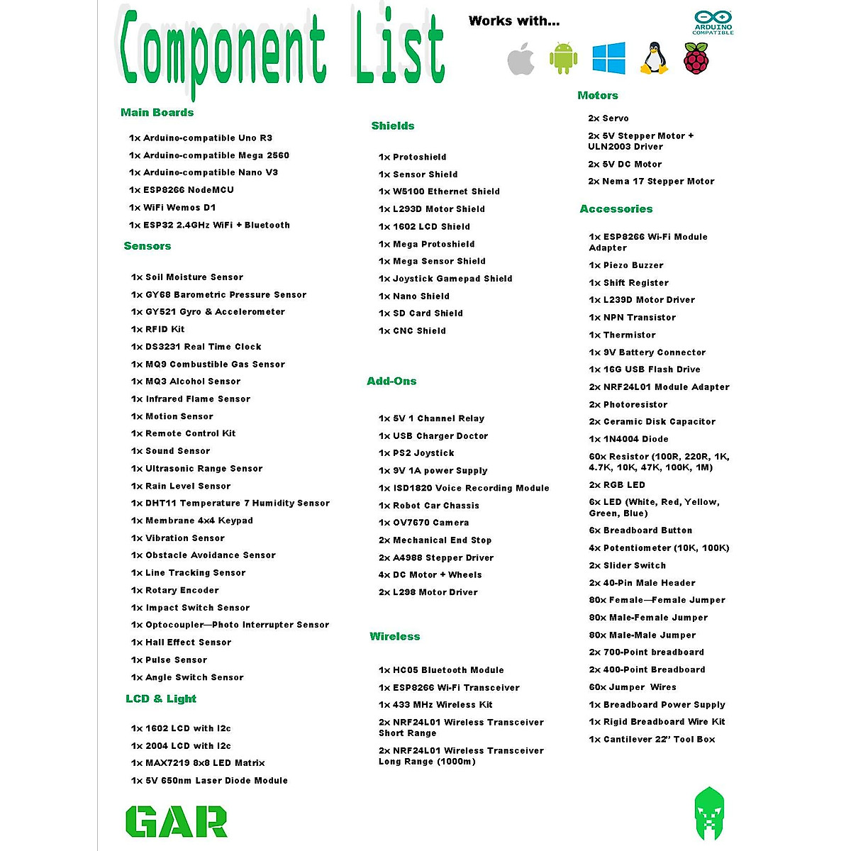 GAR Colossus Starter Kit for Arduino Uno Mega Nano - Complete Advanced Set, 5 Main Boards - 30 Sensors, 10 Shields with ESP32 WiFi + Bluetooth Modules for Wireless Robotics Smart Car