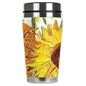 Mugzie Van Gogh Sunflowers Travel Mug with Insulated Wetsuit Cover, 16 oz, Black