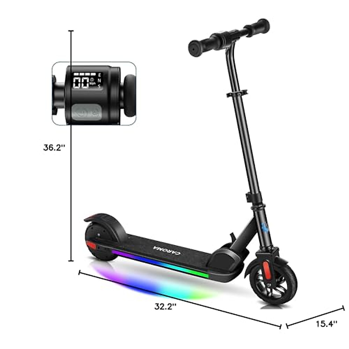 Caroma Electric Scooter for Kids Ages 8-12, 150W Foldable Kids Electric Scooter, Max 7 Miles & 10 Mph, LED Display, Colorful Lights, Adjustable Height, Lightweight Electric Scooter for Kids Teens