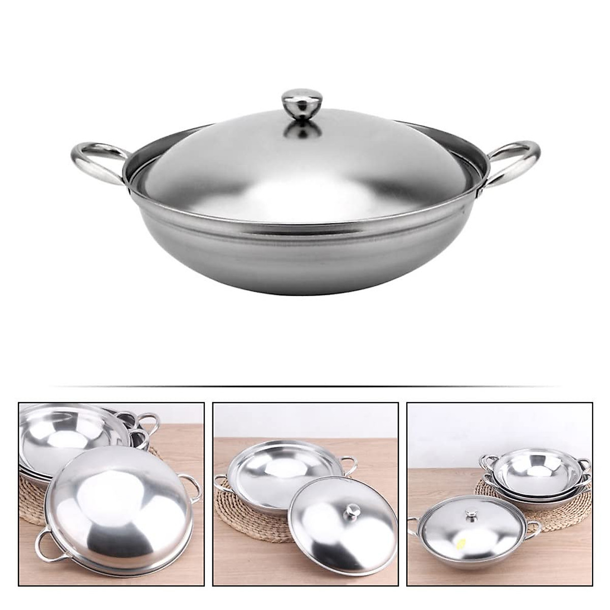 Hemoton 1 Set Stoves Wok Pan Stainless Steel Chinese Fry Pan with Lid Double Handle Cooking Skillet Pot Kitchen Cookware for Home Outdoor Picnic 22cm