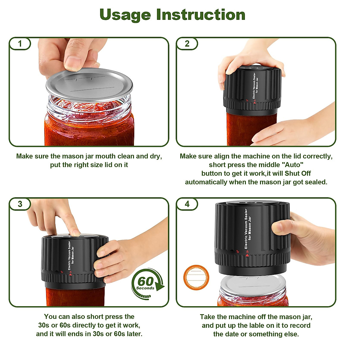 Electric Mason Jar Vacuum Sealer Auto Shut Off Jar Vacuum Sealer for Mason Jars Regular and Wide Mouth Intelligent Canning Vacuum Sealer Machine with 8 + 8 Jar Lids, Seconds and Battery Display