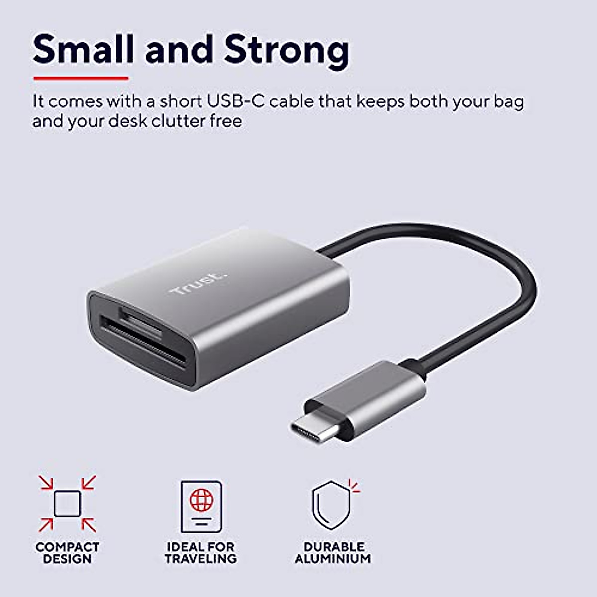 Trust Dalyx Fast USB Cardreader, Fast USB 3.2 Gen 1 with USB-C Connector, 104 MB/s with Compatible UHS-I Cards, (Micro) SD, SDHC and SDXC up to 2 TB, MacBook, PC, Laptop, Chromebook