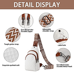 EMBRUNIOICE Sling Bag for Women Crossbody Purse, Vegan leather Crossbody Fanny Pack with Guitar Strap, Quilted Trendy Chest Bag for Women Travel(Cream with Brown)