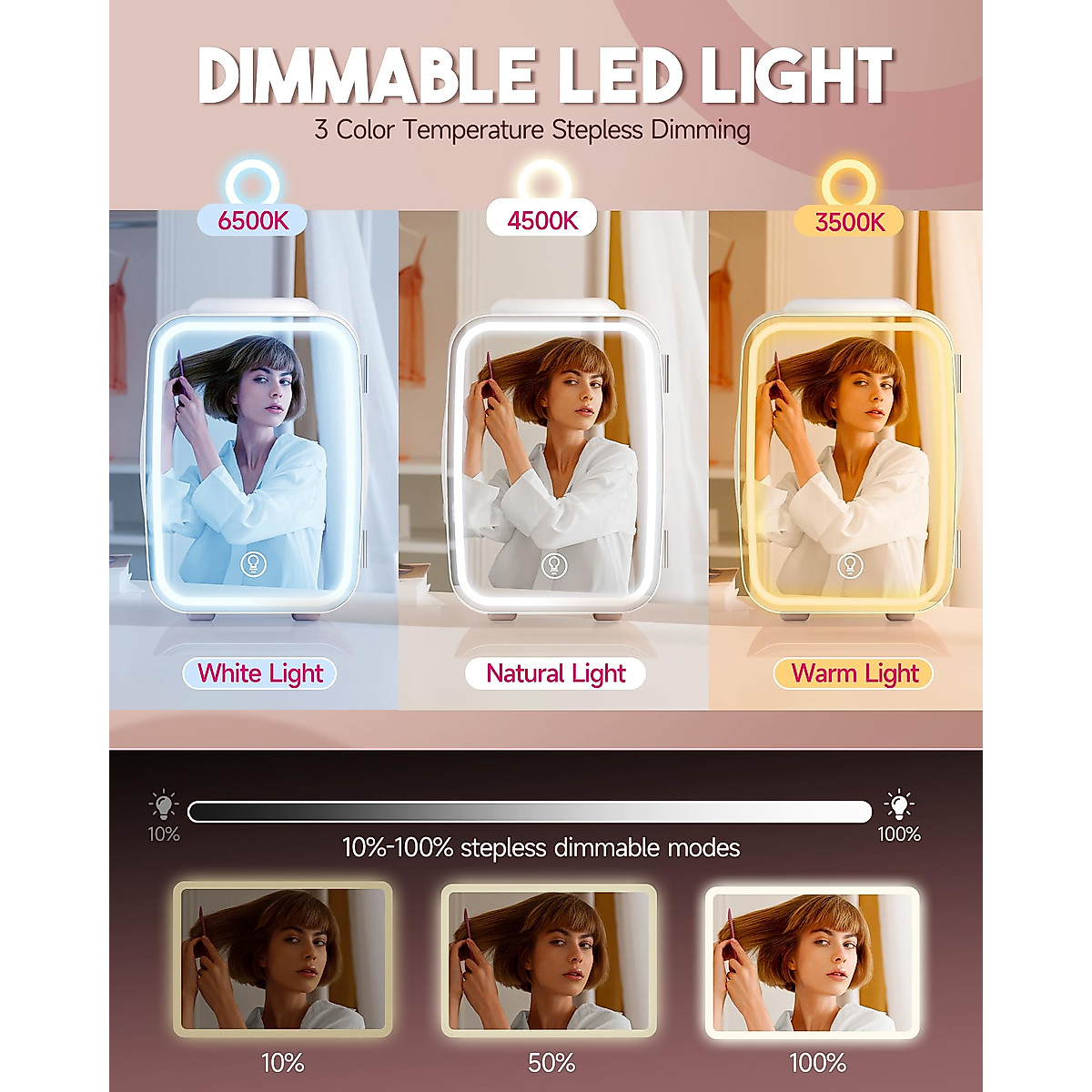 BEICHEN Mini Skincare Fridge with Dimmable LED Light Mirror,4 L/6 Can Mini Fridge for Bedroom,Office, Car, Dorm,Cooler & Warmer, Makeup Fridge for Skin Care, Cosmetics, Food,White