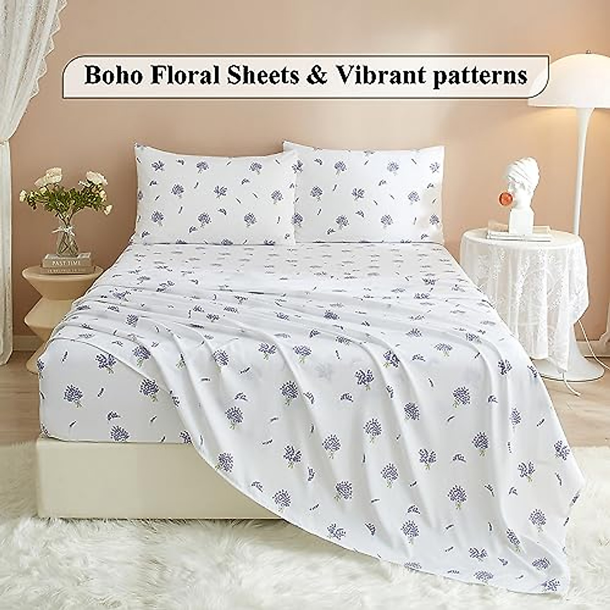 Extra Deep Pocket Full Sheets Set White - 4 Piece Floral Sheets Bed Sheets Fit 16 Mattress - Luxury Soft Cooling Sheets Fitted Sheets Full Size,Wrinkle Resistant,Full Sheets,Purple Floral Bed Sheets