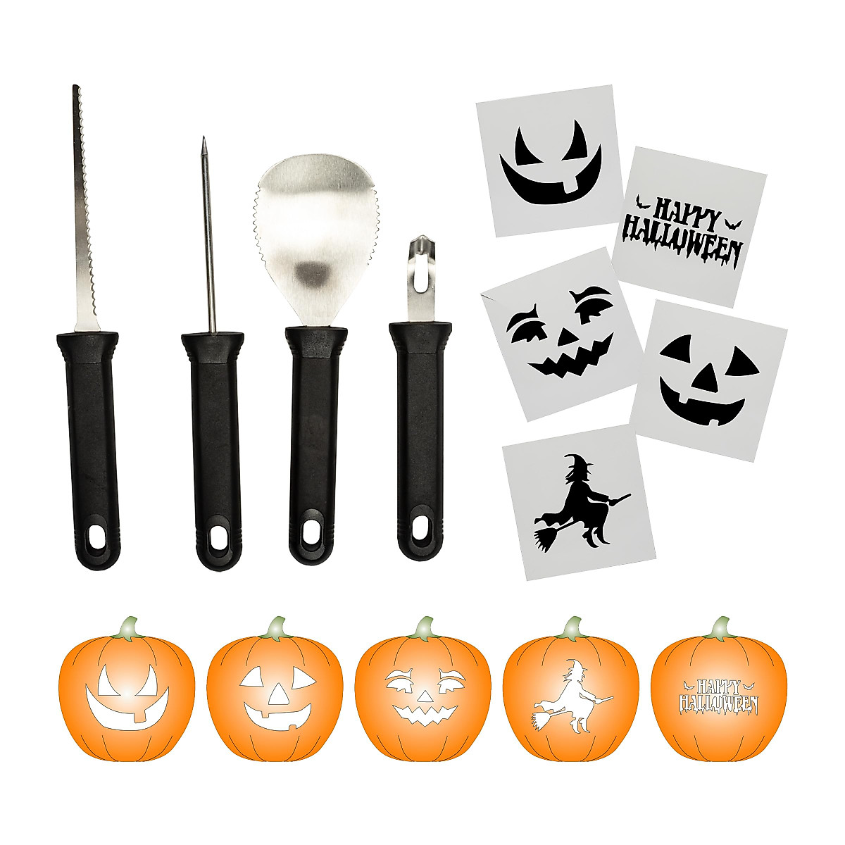KOLORAE Premium 9PC Pumpkin Carving Kit – 4 Heavy Duty Stainless Steel Carving Tools with 5 Stencils – Easy Grip Handles for Sculpting