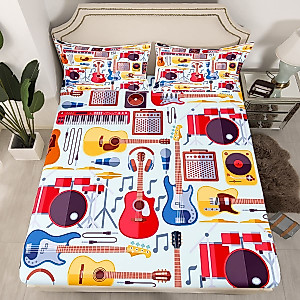 Manfei Musical Kids Fitted Sheet Twin Size, MusicalGuitar Radio Drum Kit Headset Print Bedding Set 2pcs for Boys Girls, Rock Music Bed Cover with 1 Pillowcase, Soft Polyester Bedding, No Top Sheet
