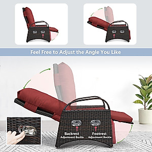 Skypatio Outdoor Patio Recliner Chair, Independently Adjustable Backrest and Footrest All-Weather Wicker Patio Reclining Lounge Chair with Flip Side Table, Red