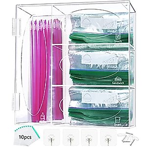 KMOLY Ziplock Bag Storage Organizer Plastic Bag Organizer Holder Acrylic Kitchen Food Storage Bag Dispenser for Gallon Quart Sandwich and Snack Compatible with Ziploc Solimo Hefty Glad Bags